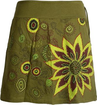 vishes Alternative Bekleidung - Au&szlig;ergew&ouml;hnlicher Damen Baumwoll-Rock mit Gro&szlig;er Gestickter Blume Olive 42-44