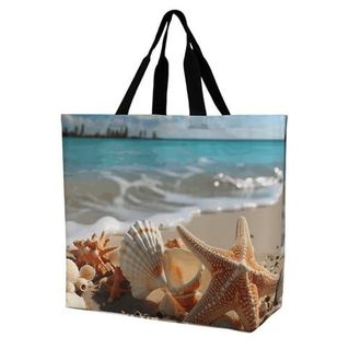 Generic Coquillages Et &Eacute;toiles De Mer Sur La Plage Sac Fourre Tout R&eacute;utilisable Sacs Grand Sac A Main Femmes Pour Gym Shopping Quotidienne