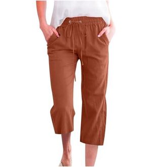 Generic Pantalon capri en lin pour femme - Style d&eacute;contract&eacute; - Avec cordon de serrage - Taille &eacute;lastique - Jambe large - Avec poches, marron clair, L