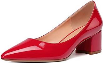 elashe Femme 5cm Mi-Talon Escarpins, Bout Pointu Talon Bloc Pumps, Classique À Enfiler Chaussures de Soirée Mariage Cuir RougeEU40