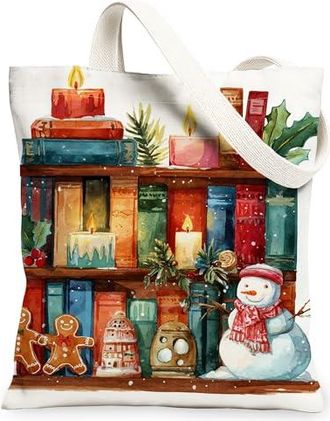 Generic Sacs fourre-tout en toile motif bonhomme de neige de No&euml;l, sacs d&eacute;picerie r&eacute;utilisables, vintage, rustiques, l&eacute;gers, lavables, blanc, 13x15 Inch