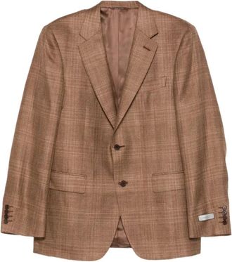 Canali Homme, Vestes, Beige, Taille: M Wool Silk Linen Checked Jacket