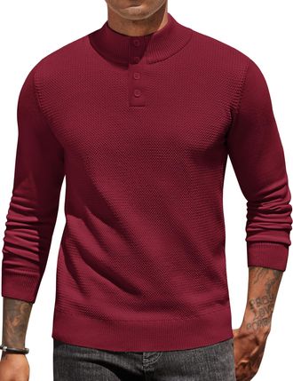 Coofandy Pullover Herren Henley Pullover Stehkragen Strickpullover Langarm Henley Shirt M&auml;nner Sweater mit Knopfleiste Weinrot 3XL