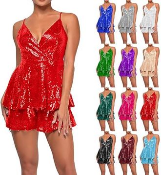Generic Barboteuse courte pour femme &agrave; paillettes scintillantes robe &eacute;tincelante paillettes bretelles fines barboteuses &agrave; volants en couches dos nu mini barbo
