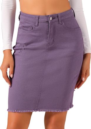 Allegra K Damen Jeansrock Knielang Hohe Taille Gerader Rock Ripped Saum R&ouml;cke Lila XS