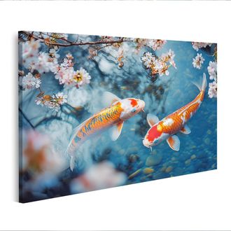 Islandburner Leinwandbild Zwei Koi Fische im Wasser unter Kirschbl&uuml;ten - Leinwand 100x57cm