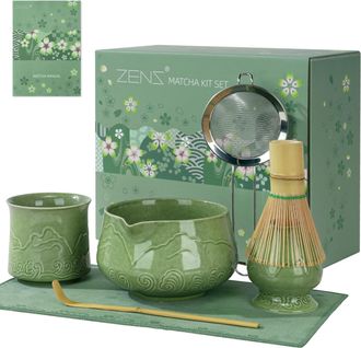 Zens Matcha Set, Matcha Tee Set mit Matt Keramik Matcha Schale, Matcha-Tasse, Matcha-Pulversieb, Matcha Besen, Besenhalter und Bambusschaufel & Teetuch, Ge