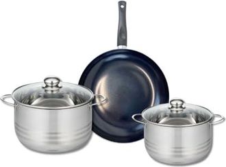 Fackelmann ELO 9716950 Batterie de cuisine 3 pièces, Ensemble de 1 Poêle de cuisson 28 cm et 2 faitouts 20 et 24 cm Elo Prima Brillant, inox, induction, Noir