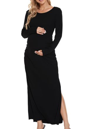 Smallshow Schwangerschaftskleid f&uuml;r Damen, Lange &Auml;rmel, ger&uuml;scht, Schwangerschaftskleidung, Schwarz, Mittel