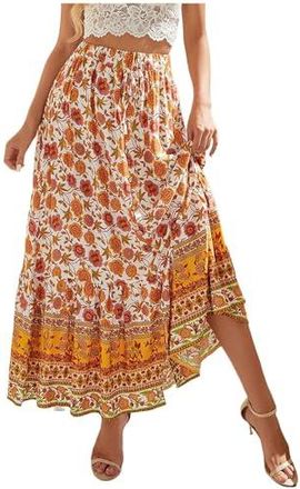 Generic Robes boh&egrave;me 2026 pour femmes - Jupe longue &agrave; motif floral - Taille haute - Imprim&eacute; tendance - D&eacute;contract&eacute; - Bouton en dentelle - Volants fronc&eacute;s, Ora