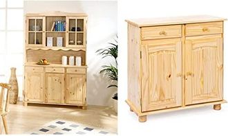 Inter Link SAS Buffet Vitrinenschrank Küchenschrank Geschirrschrank Kiefer Massivholz Natur lackiert & Kommode Anrichte Sideboard Mehrzweckschrank Beistellschrank Ki