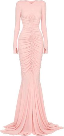 Norma Kamali Robe longue &agrave; col en V- devant fronc&eacute; et ourlet de poisson - Femme - Robes - Rose - Taille: 38 FR