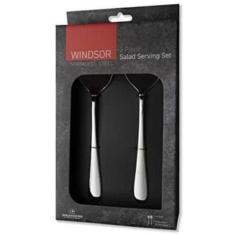 Grunwerg Windsor 2BXSLDWDR 2er Set von Salatlöffel und Salatgabel aus Edelstahl 18/0 - Hochglanzpoliert, Geschenkbox, hängend, gemischte Besteckset, Silber
