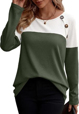Zeagoo Langarmshirt Damen Tshirt Casual Rundhals Farbblock Shirts Herbst Langarm Kn&ouml;pfe Oberteile Leichte Strick Elegant Sweatshirt Armeegr&uuml;n XXL
