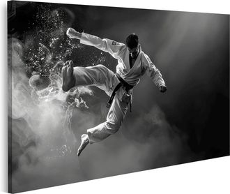 Islandburner Bild auf Leinwand Karate Sprung in Aktion Schwarzwei&szlig; Fotografie Bilder Wandbilder Poster