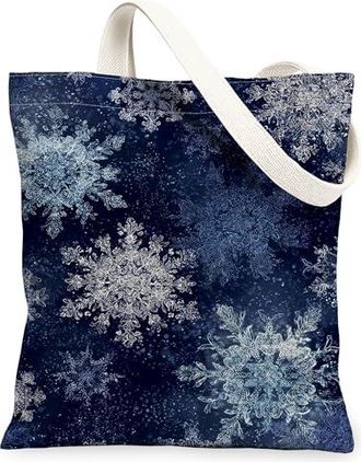 Generic Sacs fourre-tout en toile motif flocon de neige, design givr&eacute; &eacute;l&eacute;gant, sacs d&eacute;picerie r&eacute;utilisables, &eacute;l&eacute;gants et lavables en toile pour, Bleu marine, 