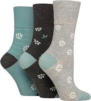 SockShop Gentle Grip Femme Chaussettes Fleurs &agrave; motifs et &agrave; rayures Paquet de 3 (FR/ES, Num&eacute;rique, 37, 42, Taille normale, Taille normale, Marguerite Charbon/G