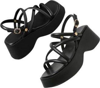 IFUNDOM Sandales Compens&eacute;es &agrave; Plateforme pour Femmes Semelle &Eacute;paisse Taille 35 Couleur Noire Sandales D&eacute;contract&eacute;es d&Eacute;t&eacute; Respirantes et Confortables pour Plag