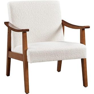 Yaheetech Fauteuil de Salon avec Accoudoirs Courbes Chaise Ergonomique Cadre en Bois dhévéa pour Salon Chambre Salle de Séjour Bureau 62×70×74 cm Ivoire