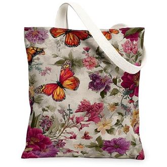 Generic Sacs fourre-tout en toile motif floral papillon, sacs d&eacute;picerie r&eacute;utilisables, l&eacute;gers et lavables avec bandouli&egrave;re, multicolore, 13x15 Inch