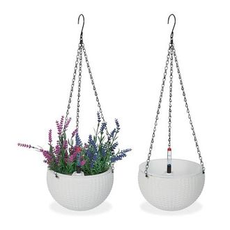 Relaxdays Blumenampel mit Wasserspeicher, 2er Set, Wasseranzeige, Flechtoptik, HxD: 54x18,5 cm, Blumentopf h&auml;ngend, wei&szlig;