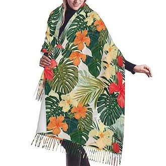 Generic Feuilles De V&eacute;g&eacute;tation Avec Fleurs DHibiscus Femme Ch&acirc;le &Eacute;l&eacute;gant Scarf Confortable Ch&acirc;le Wrap Pour Cadeau Automne Soir&eacute;e Hiver