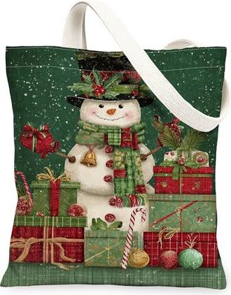 Generic Sacs fourre-tout en toile motif bonhomme de neige de No&euml;l, sacs d&eacute;picerie r&eacute;utilisables, vintage, l&eacute;gers et lavables, toile pour voyage, 33 x 38 cm