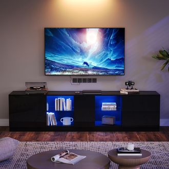 Generic QXJVA TV Schrank Schwarz Hochglanz 160 cm, Lowboard mit LED Beleuchtung und Glasboden, Stabile TV Kommode f&uuml;r Fernseher bis 65 Zoll, Sideboard mit Sch