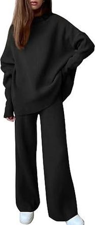 Generic Ensemble Tricoté Femme Pull Tricoté 2 Pièces Ensemble Femme Chic et Élégant Manches Longues Sweater Top et Pantalon à Jambes Larges Pull Ensemble Tric