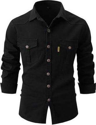 Generic Chemise extensible d&eacute;lav&eacute;e pour homme, chemises avec poches, chemises d&eacute;contract&eacute;es tendance polyvalentes et couleurs unies, chemise &agrave; col &agrave; revers et