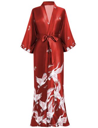 prodesign denmark Prodesign Damen Morgenmantel Kimono Kranich Gedruckt Maxi Lang Damen Bademantel Strandjacke Braut Junggesellinnenabschied Party Schlafmantel Rot