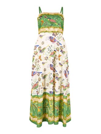 Apricot Birds And Palms Print Midi Dress
