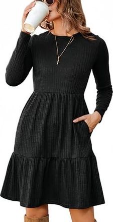 Zeagoo Robe Automne Femme Élégant Manches Longues Col Rond Robes Mi-Longue-Robe Pull avec Poches Décontractée Tenue Mince Noir XL