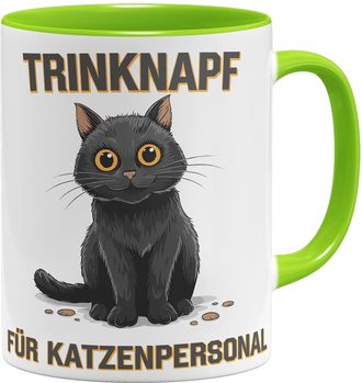 OM3 witzige Kaffee-Tasse mit Spruch - Trinknapf für Katzenpersonal - Katzenliebhaber Katze I - Keramik Becher - 325ml - Beidseitig Bedruckt - Hellgrün