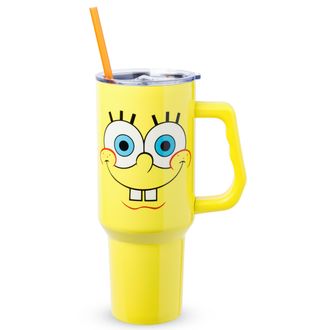 Silver Buffalo Spongebob Schwammkopf mit l&auml;chelndem Gesicht, Edelstahlbecher mit Griff und Strohhalm, passt in Standard-Becherhalter, 1,2 l
