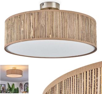 HOFSTEIN Deckenleuchte Foggia, Deckenlampe aus Metall/Binsenstroh/Stoff//Kunststoff in Nickel-matt/Natur/Beige/Weiß, runde Boho Leuchte (Ø 40 cm), E27, Esszimm