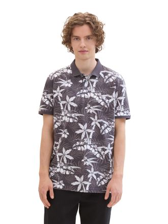 Tom Tailor Herren Piqué Poloshirt mit Palmen-Muster, 35502 - Grey White Tropical Print, L