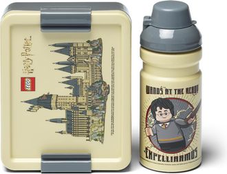 Room Copenhagen LEGO LUNCH SET - Harry Potter Hogwarts Design, 390 ml Flasche & Brotdose f&uuml;r Kinder & Erwachsene, Sp&uuml;lmaschinenfest, Fun & Functional, Beige & Grau