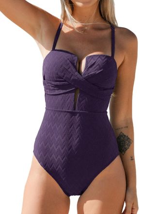 Cupshe Damen Badeanzug Tiefer Ausschnitt Crossover Wickeloptik Geformte Cups Textur Einteilige Bademode Swimsuit Violett (Grape Purple) XS
