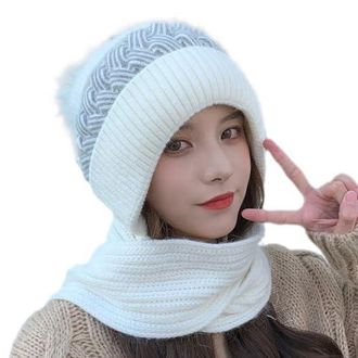 Generic Scarf Hat Gloves Ensemble Femme 2 en 1 Chapeau Écharpe Intégrée Coupe-vent Écharpe Tricotée Polyvalente pour Hiver (White, One Size)