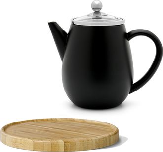 Bredemeijer Doppelwandige Mini Teekanne 0.5 Liter - schwarze isolierende Edelstahl Kanne Set mit braunem Holzuntersetzer & Tee-Filter-Sieb-Einsatz - für lose Tees