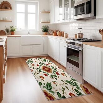 Generic Tapis de Couloir Traditionnel G&eacute;om&eacute;trique Carrelage Plante Fleur - Vert Lavable Tapis de Couloir pour Interieur Chambre &agrave; Coucher Buanderie, 65 x 240 