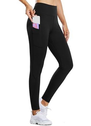 Baleaf Warm Leggings Femmes Hiver Leggings Taille Haute Sport Leggings avec Poches Leggings Laine Yoga Pantalons Hiver Pantalons imperméables Noir L