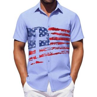 Generic Chemise d&eacute;t&eacute; en coton et lin pour homme - 4 juillet - Jour de lind&eacute;pendance - Chemise en lin d&eacute;contract&eacute;e tendance et respirante, bleu, 3XL
