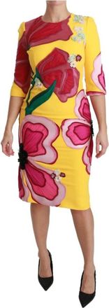 Dolce & Gabbana Femme, Robes, Multicolore, Taille: 36 FR Robe Bodycon Jaune à Appliques Florales