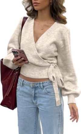 Generic Pull cache-coeur &agrave; col en V pour femme - Manches longues - Taille cintr&eacute;e - Haut court dautomne en tricot l&eacute;ger &agrave; nouer sur le c&ocirc;t&eacute;, kaki, XL