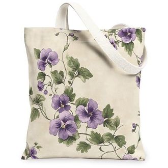 Generic Sac fourre-tout en toile avec fleurs violettes printani&egrave;res pour le shopping, 33 x 38 cm, sac d&eacute;picerie r&eacute;utilisable pour femme, esth&eacute;tique, plage, pe