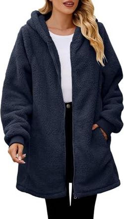 Generic Femmes Couleur unie Mode D&eacute;contract&eacute; Poche Fermeture &eacute;clair avec chapeau Manteau long Grande Taille Robe Manteaux dhiver, bleu marine, XXL