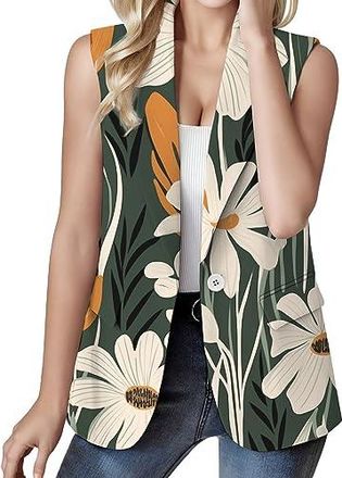 Generic Vestes pour femmes &agrave; imprim&eacute; floral avec poches ceintur&eacute;es et sans manches, Vert, M