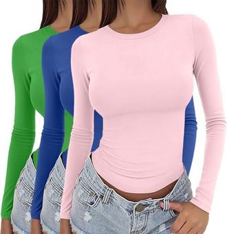 Generic T-shirt ajust&eacute; pour femmes, ensemble de 3 hauts &agrave; manches longues &agrave; col rond, thermiques, extensibles, sous-v&ecirc;tements superpos&eacute;s, basiques, ajust&eacute;s, &agrave;
